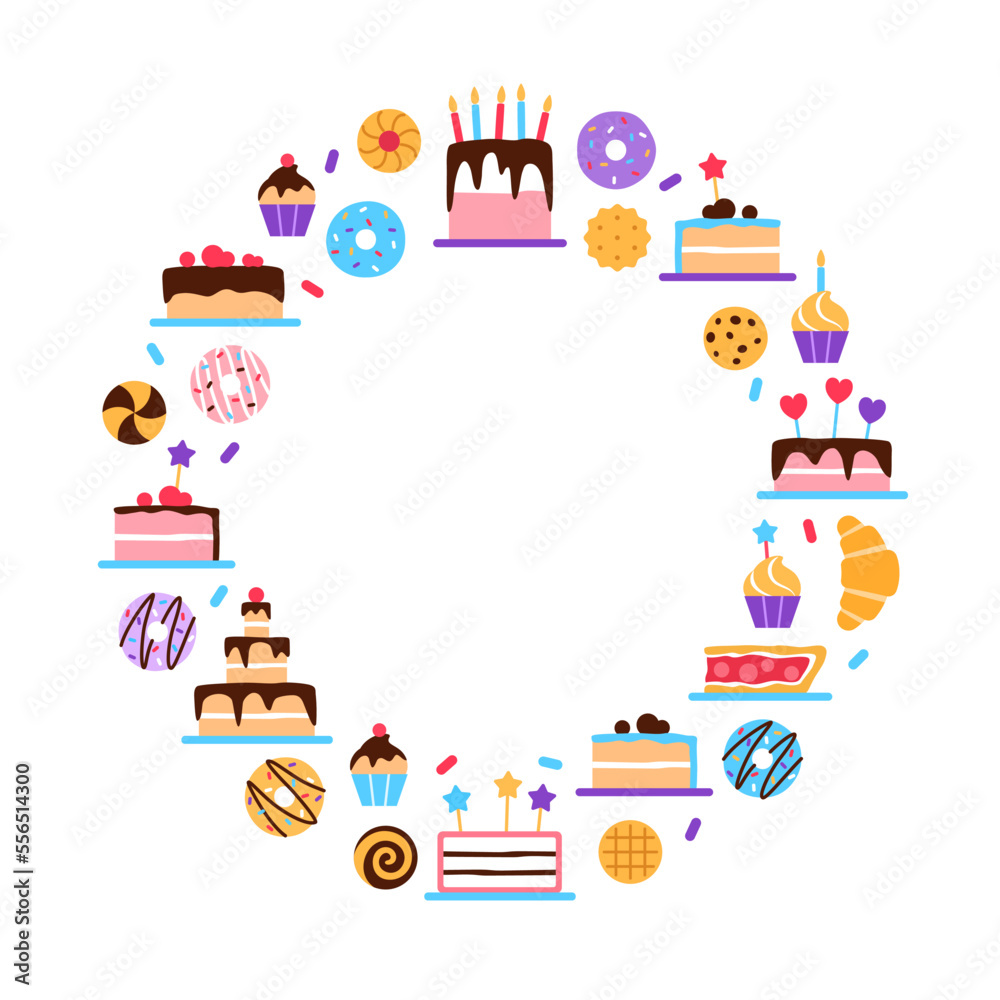 Pastry circle frame concept on white background. Colorful elements ...