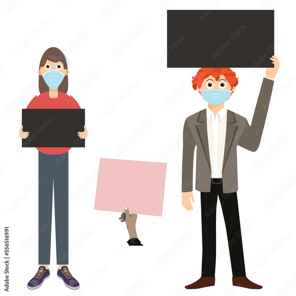 People with placards and banners protest on rally demonstration or ...