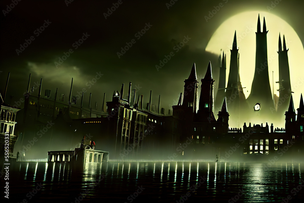 Arkham Asylum on a dramatic rainy night isometric digital art smog ...