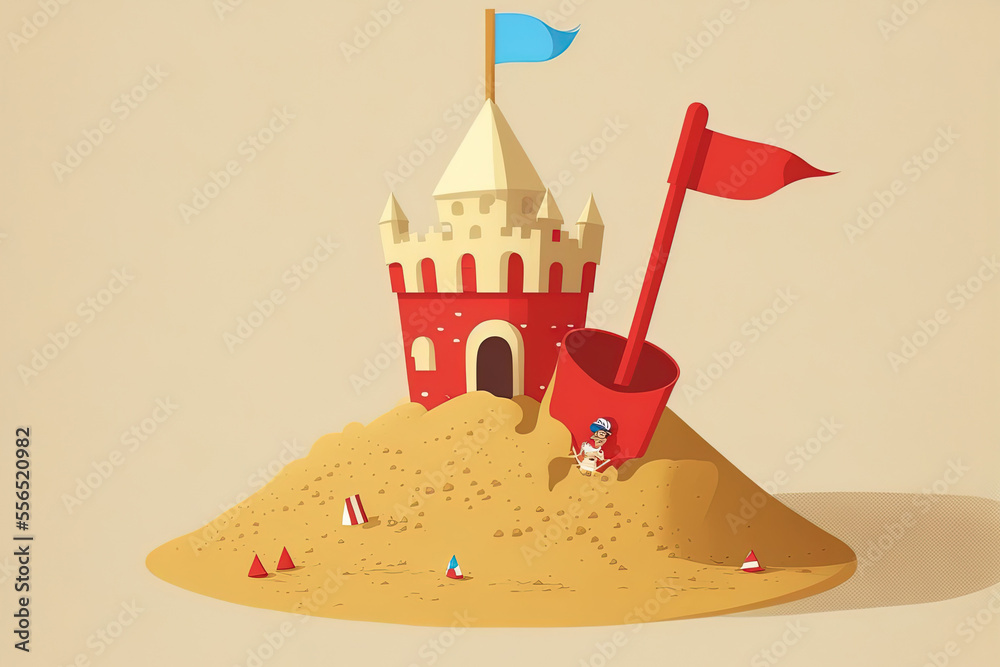 Sand castle, shovel, and bucket in a cartoon setting. Sand castle with ...