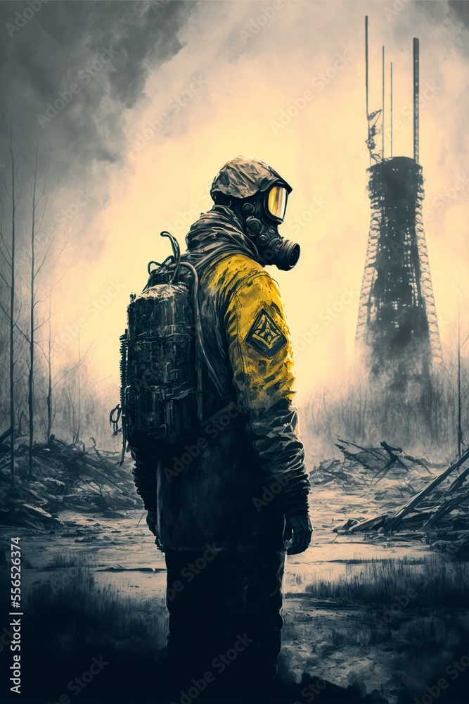 scene of a man in a protective suit in a devastated and apocalyptic ...