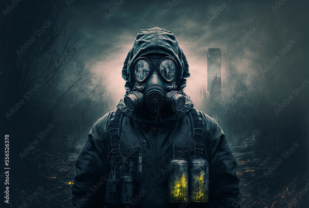 scene of a man in a protective suit in a devastated and apocalyptic ...