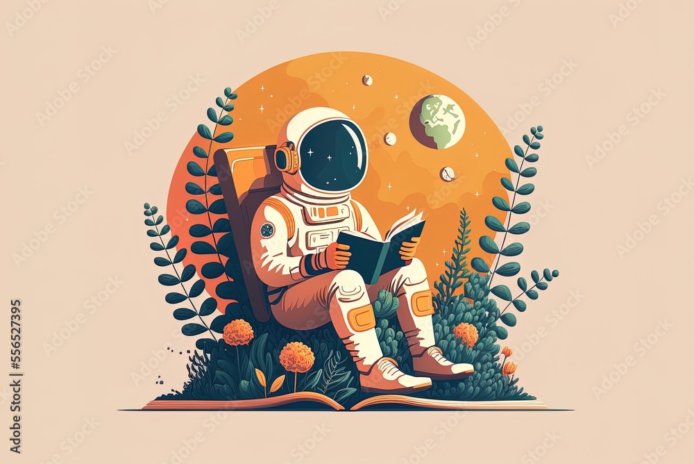 This premium image features a cartoon astronaut reading a book. The ...