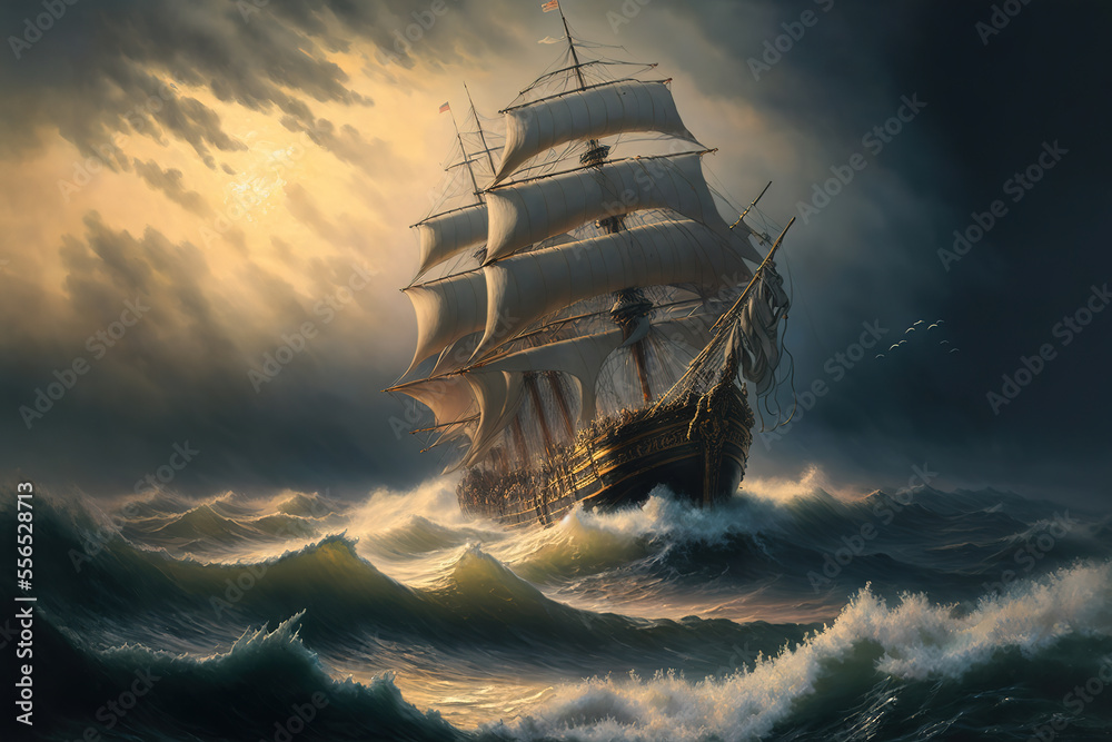 a painting of a ship in the ocean, water, storm, art illustration Stock ...