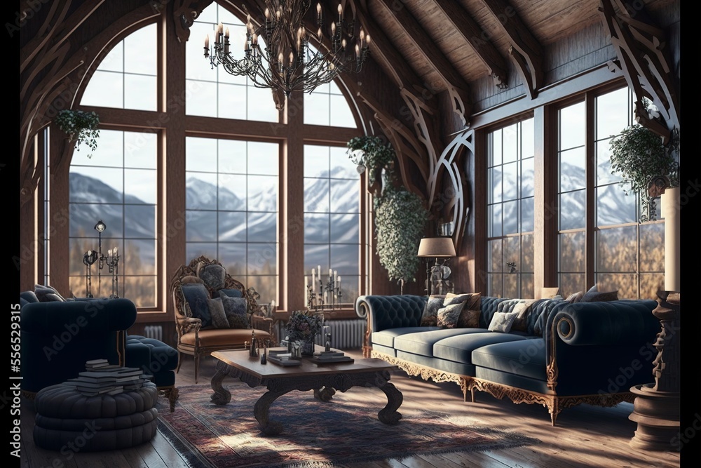 Victorian Mansion living room interior with wooden beams and a ...