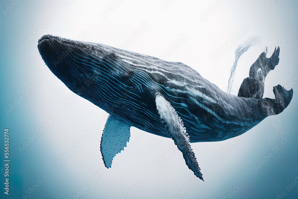 Humpback whale swimming from a low angle over a white backdrop in 8K ...