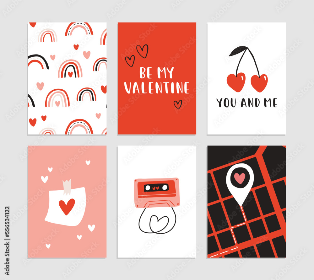 Set of 6 cute ready-to-use gift romantic postcards. Gifts, hearts, cups ...
