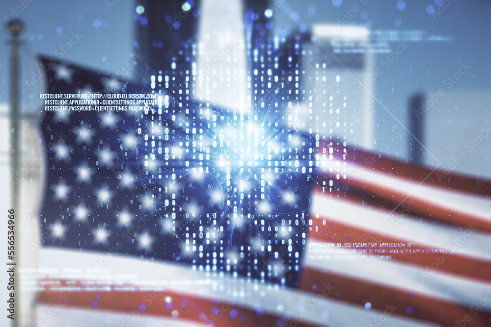 Abstract virtual code skull hologram on US flag and skyline background, cybercrime and hacking ...