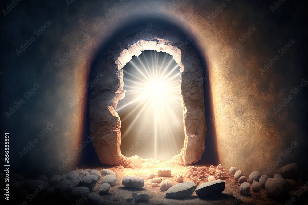 Strong light rays shining through the door of an empty stone tomb in ...