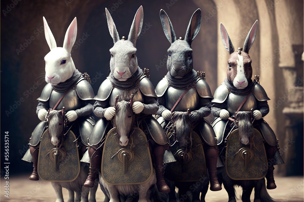 a group of four rabbits dressed in armor and helmets with two of them ...
