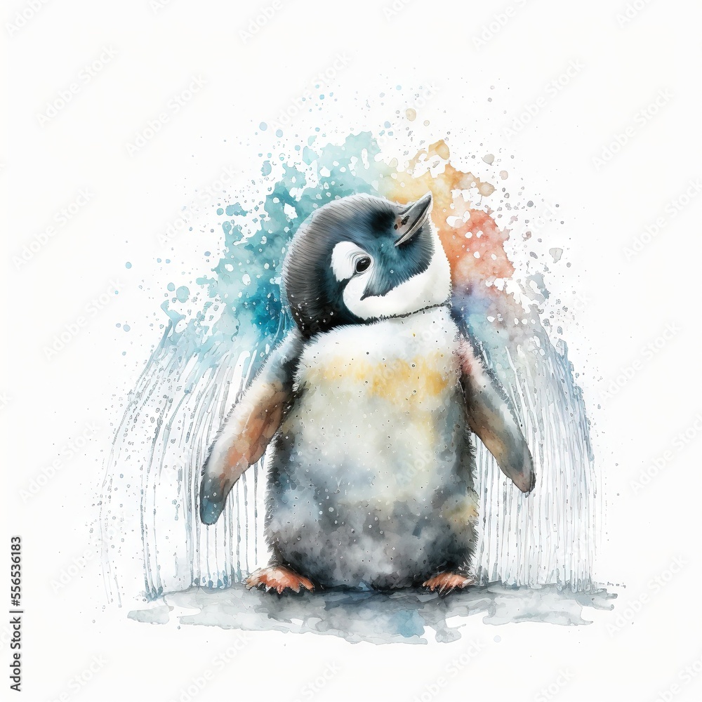 a penguin with a blue and white face and a black beak and a white head ...