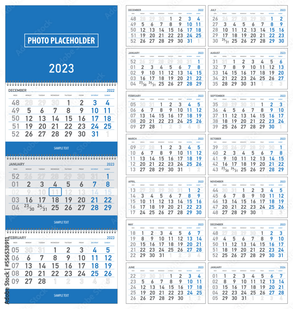 Vector illustration, wall quarterly calendar 2023 with week numbers ...