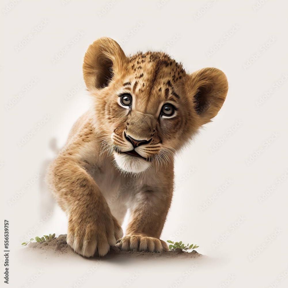 a young lion cub is standing on a white background and looking at the ...