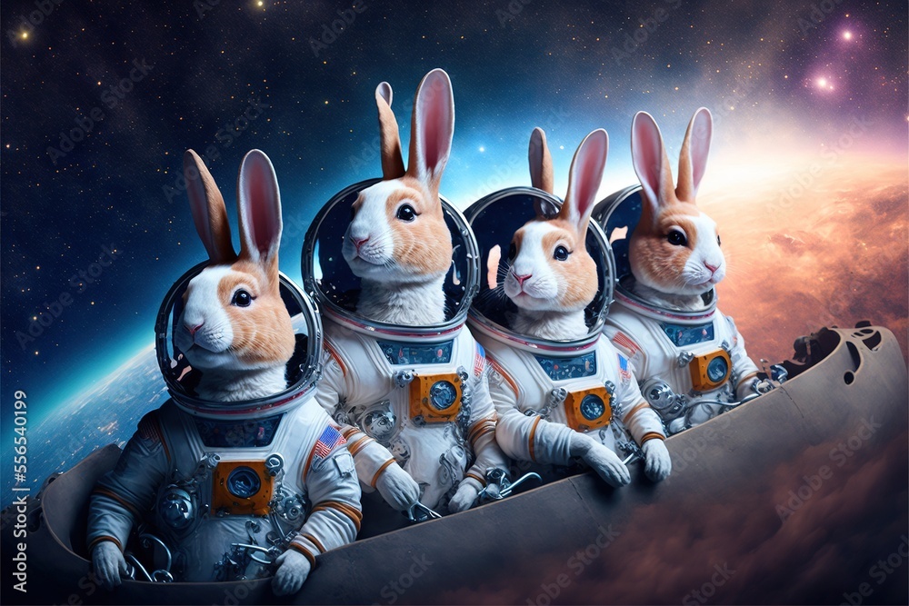 a group of rabbits in space suits sitting on a space shuttle in front of a planet with stars and ...