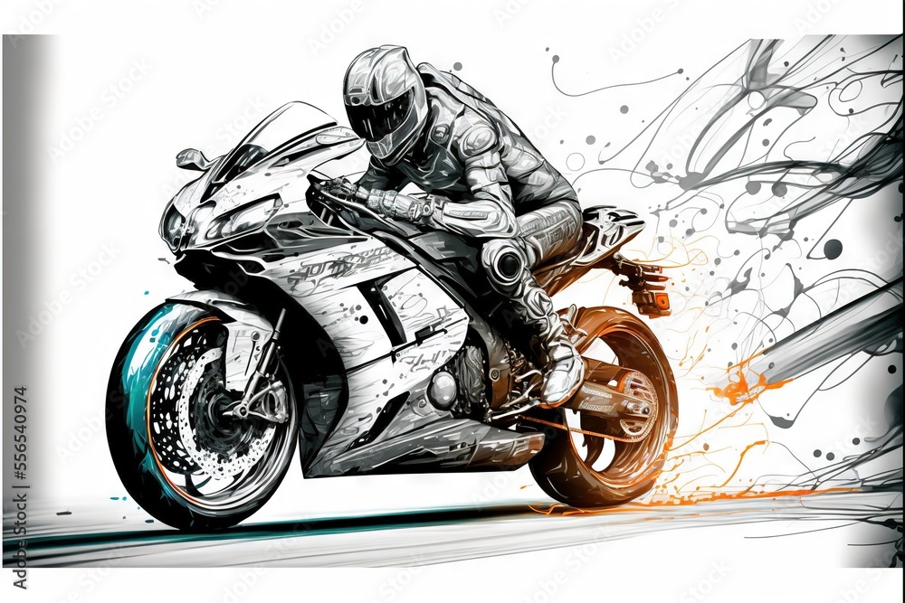 a drawing of a motorcycle rider on a track with splashing paint on it's ...
