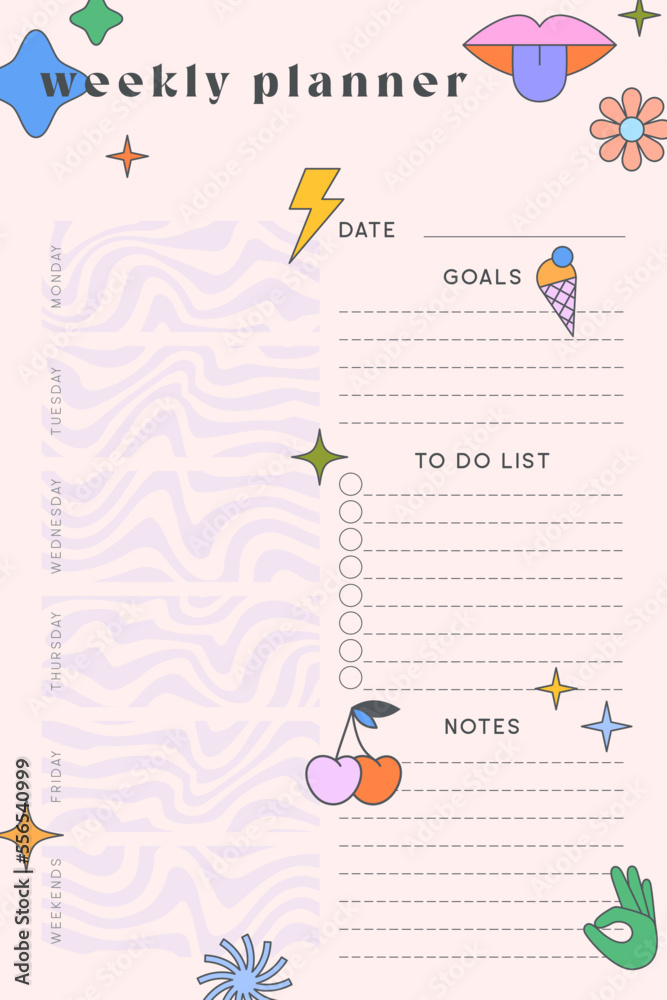 Vector weekly planner template with y2k patches,icons and emblems ...