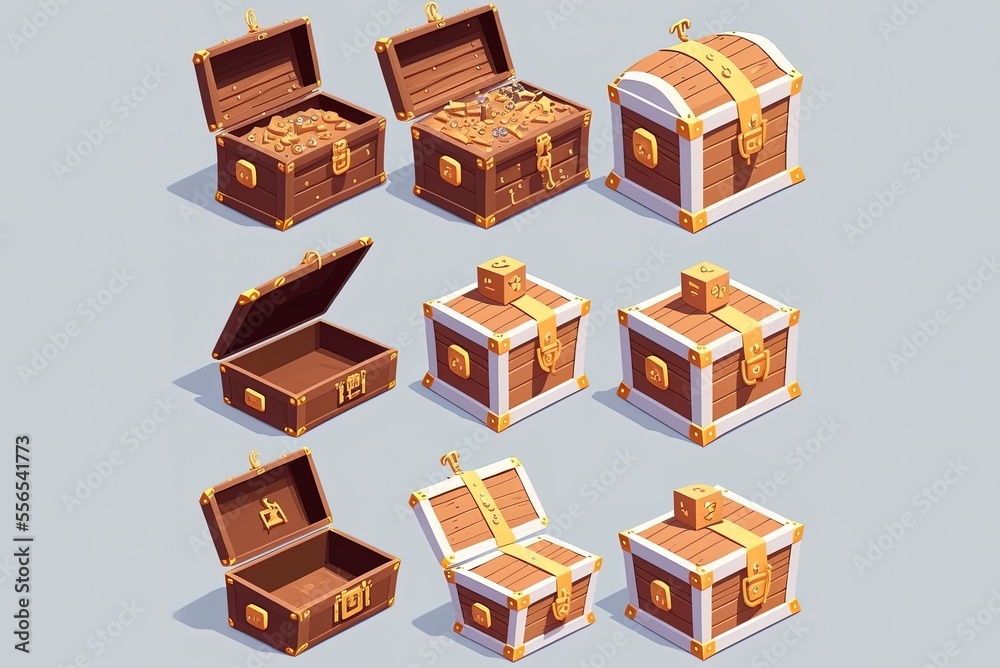 Set of animations depicting a wooden chest that appears to be empty ...