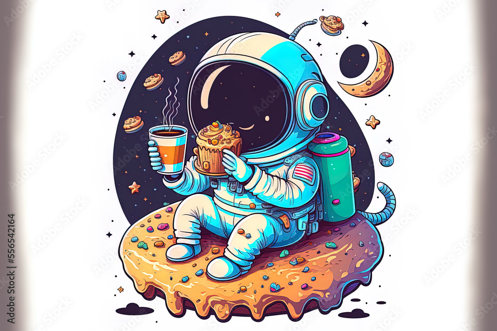cute astronaut drinking coffee and eating a donut Illustration of a ...