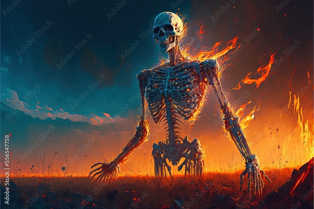 Ghost skeleton standing in the field of flames. Digital illustration ...