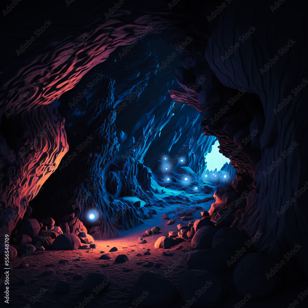 Dark magic caves with mystic lights. Magic cave background. Amazing ...