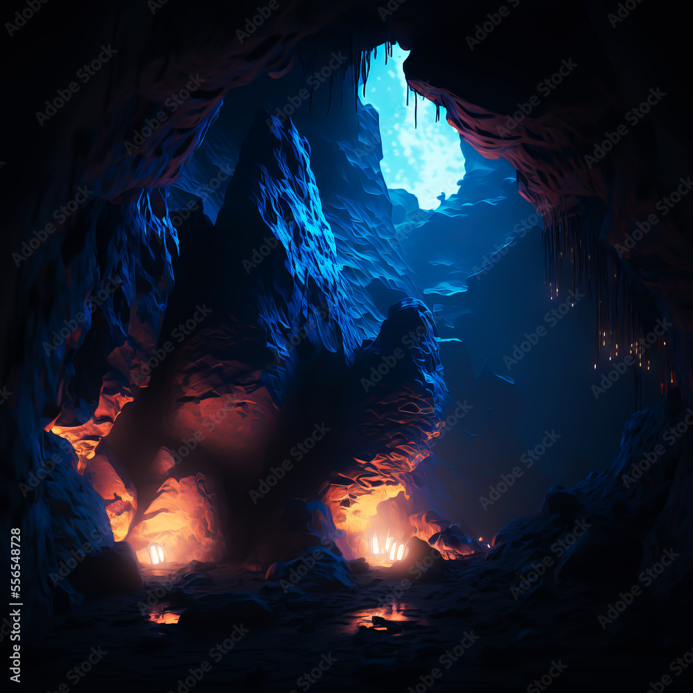 Dark magic caves with mystic lights. Magic cave background. Amazing underworld cavern with ...