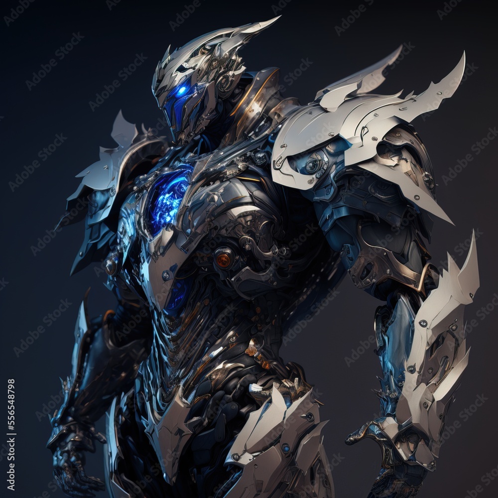 Sci-fi mech warrior in fighting position. Mech in defensive pose ...