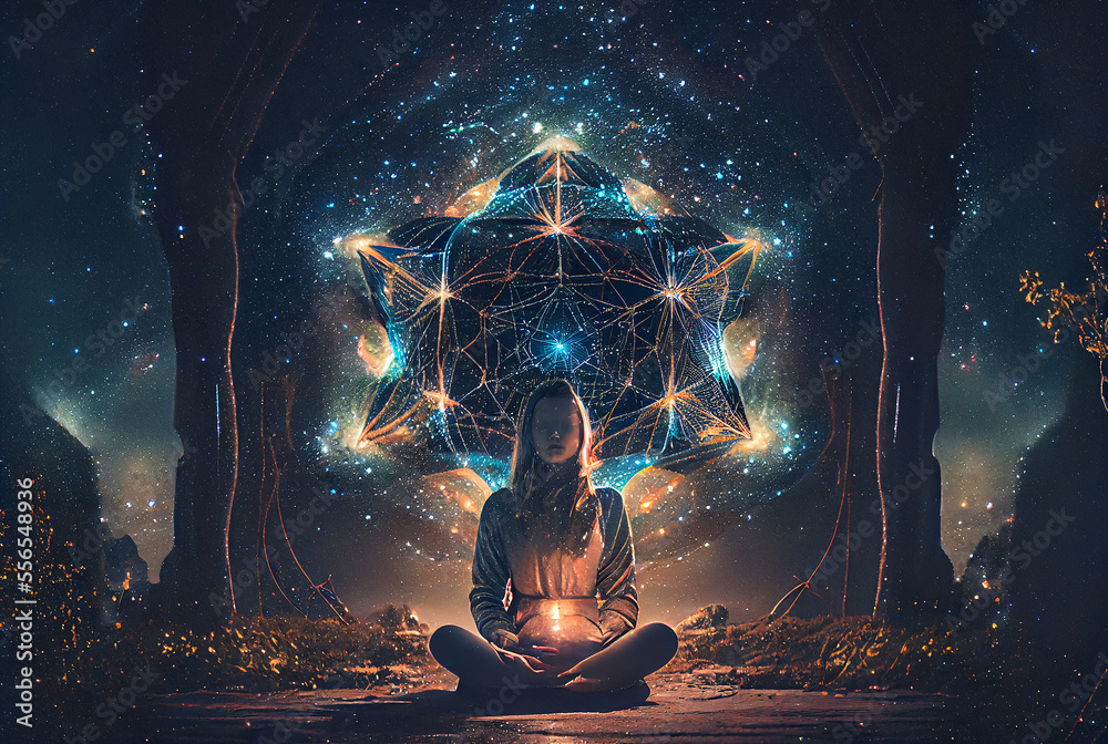 Person meditating with illuminated sacred geometry - Generative AI ...