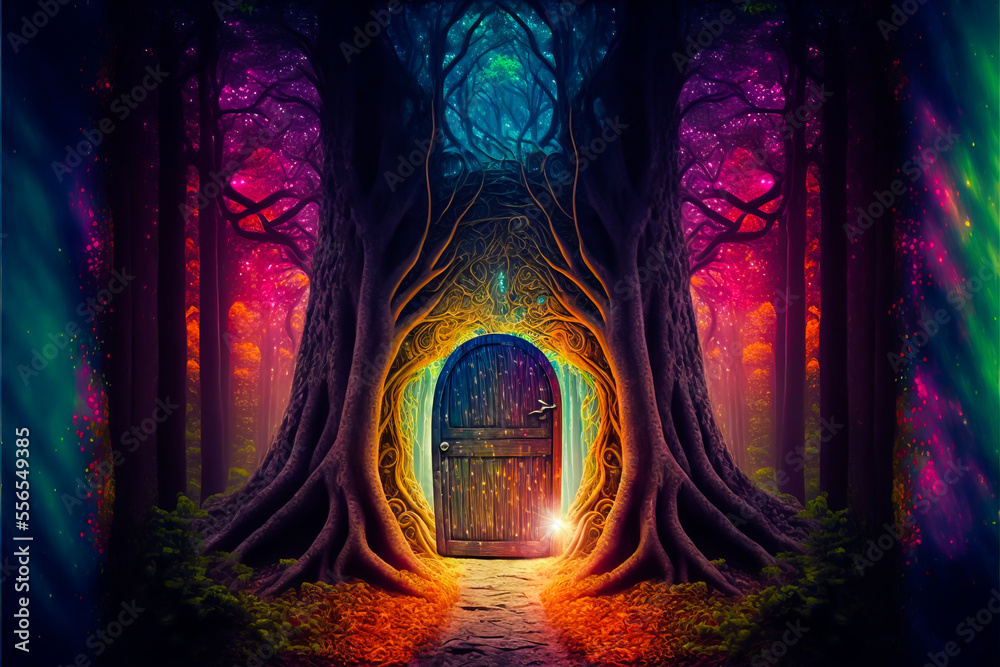 Enchanted fairy tale tree with magical secret wooden door. Magic ...