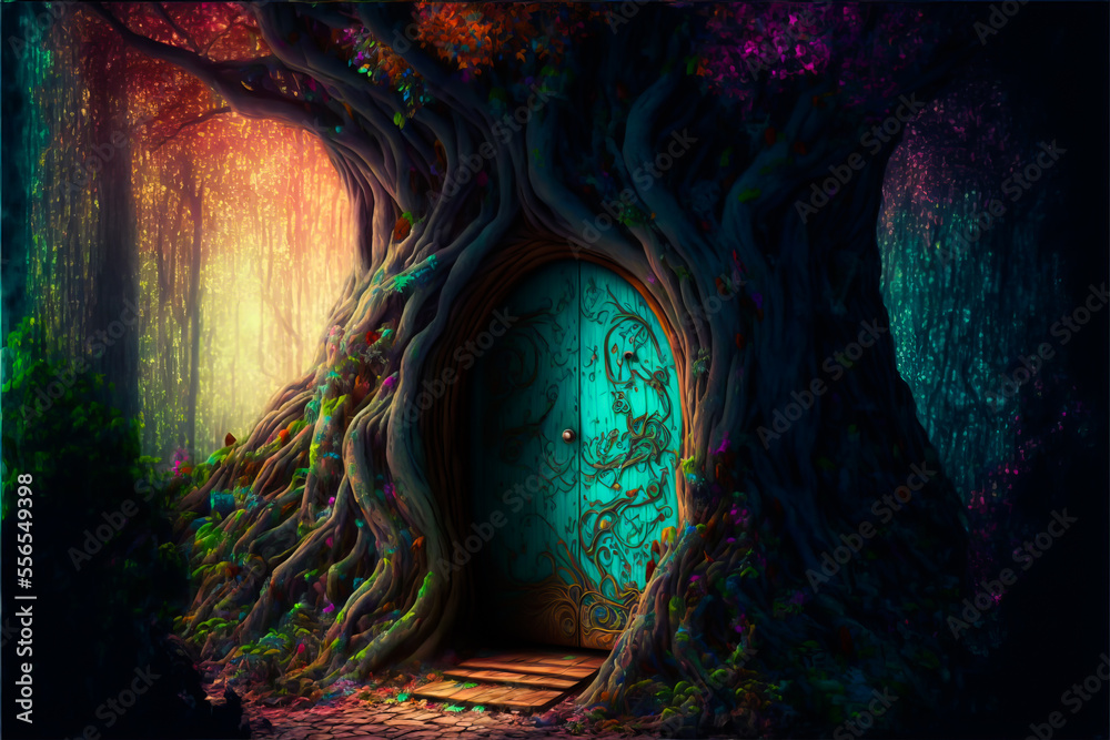 Enchanted fairy tale tree with magical secret wooden door. Magic doorway in a tree. Mysterious ...