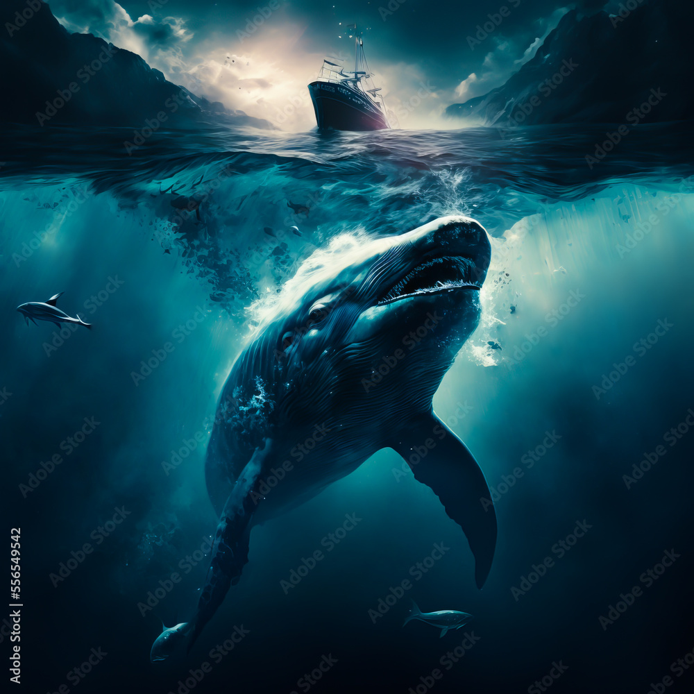 Huge predator whale under ocean surface. Wild whale hunt cruise liner ...