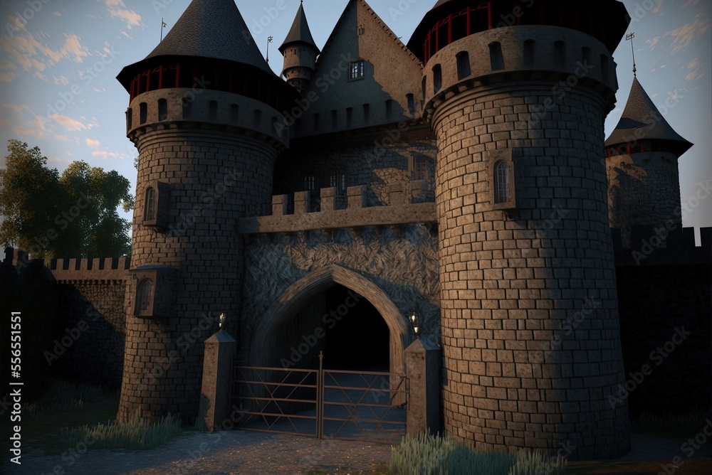 Medieval castle with gates stone brick walls. Generative AI Stock ...