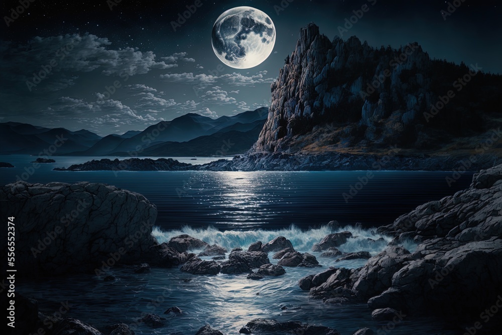 Midnight natural scenery of lake or ocean shoreline with rocks shown as ...