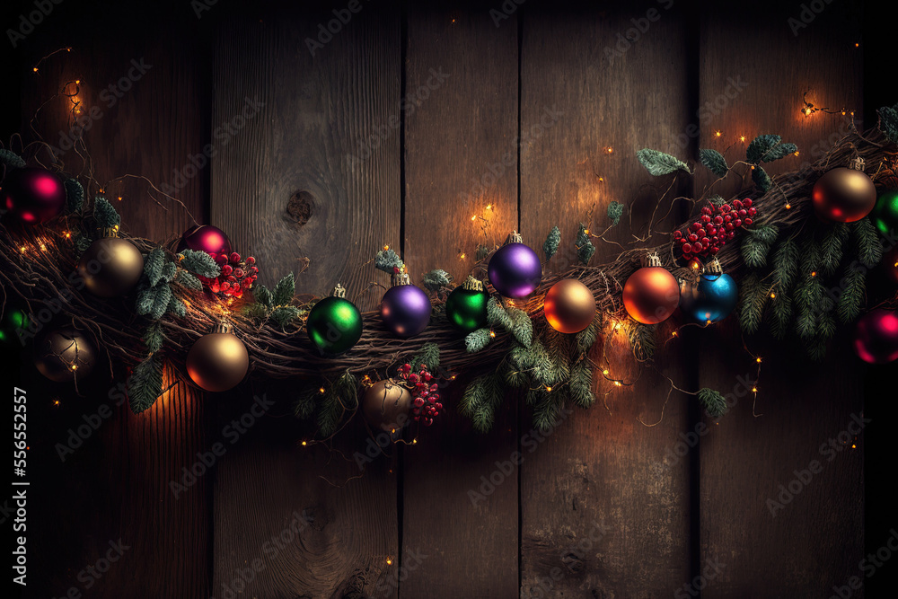 Christmas backdrop on a dark, rustic wooden background with garland and ...