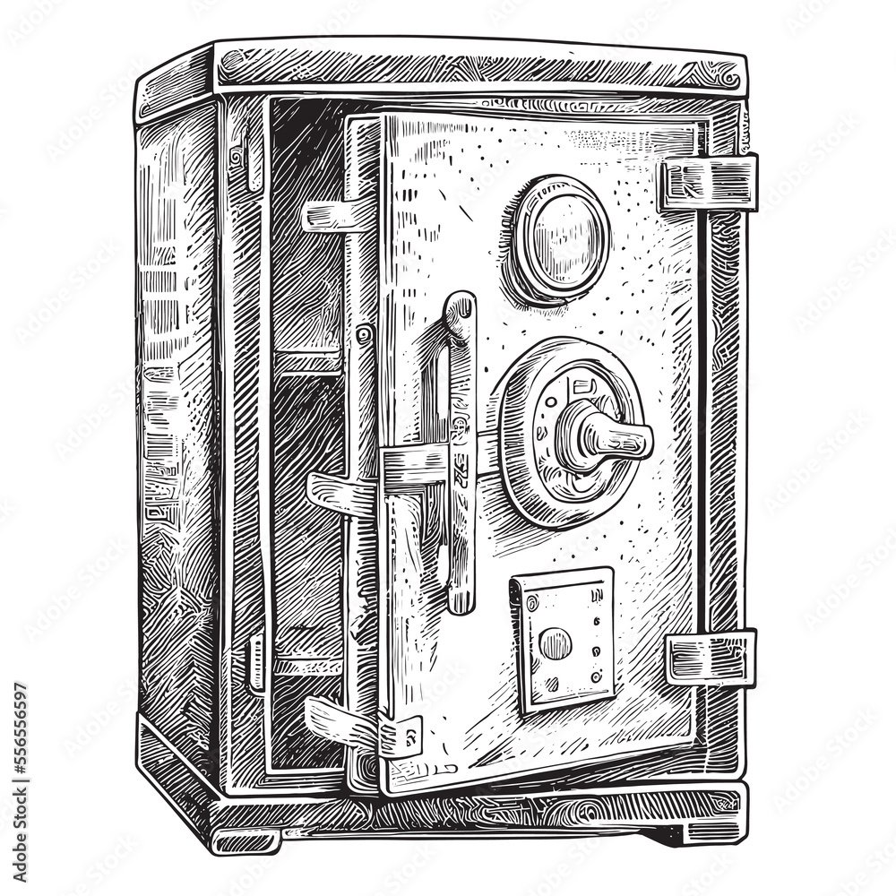 Retro safe with open door sketch hand drawn engraving style Vector ...