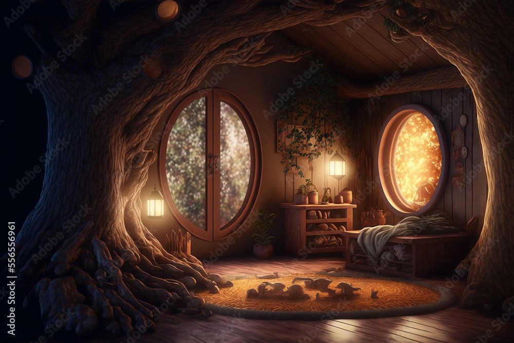 cozy interior inside a tree, the house of a squirrel or a chipmunk from ...