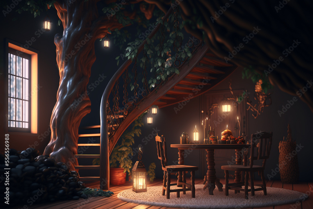 cozy interior inside a tree, the house of a squirrel or a chipmunk from ...