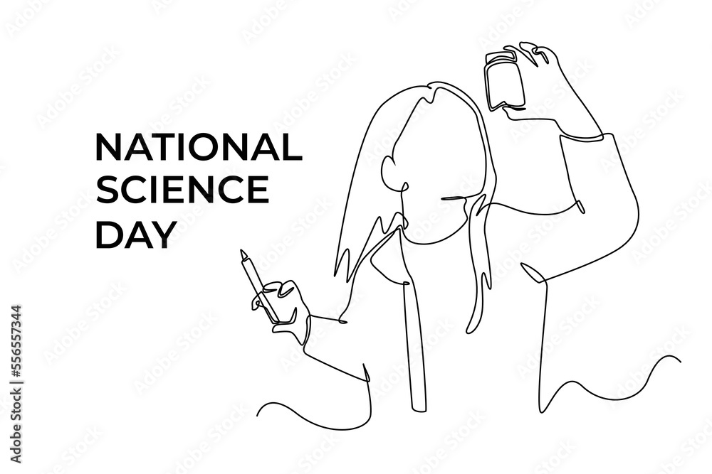 Continuous one line drawing scientific girl looking reaction in tube ...