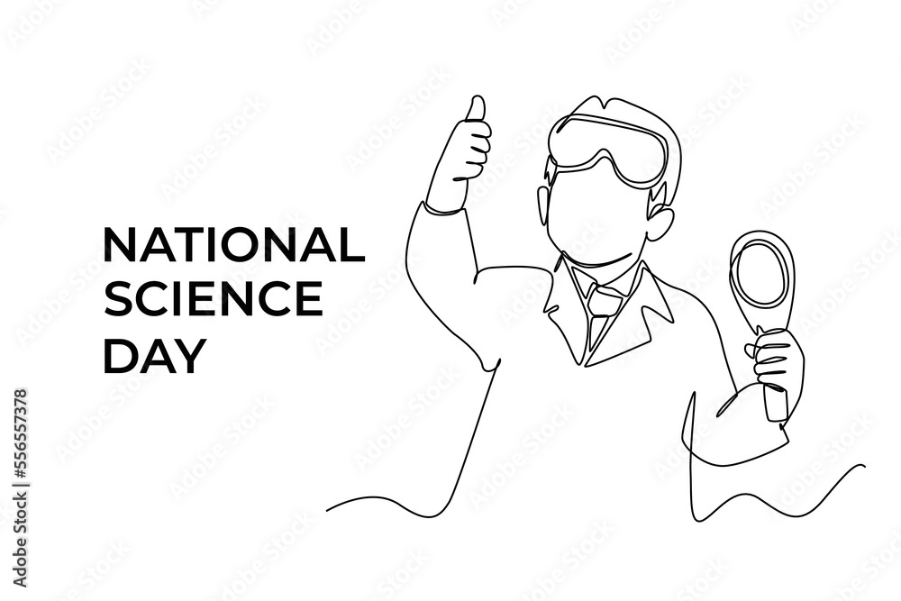 Continuous one line drawing boy student with lab costume pointing thumb ...