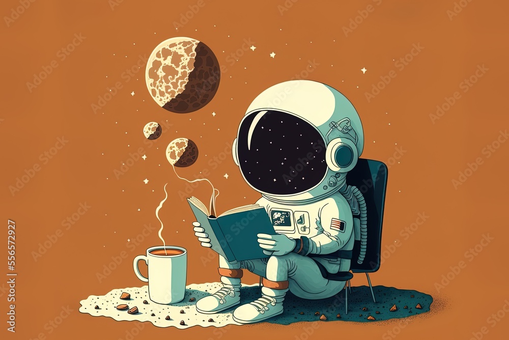 Cartoon depicting a cute astronaut sipping coffee and reading a book to ...