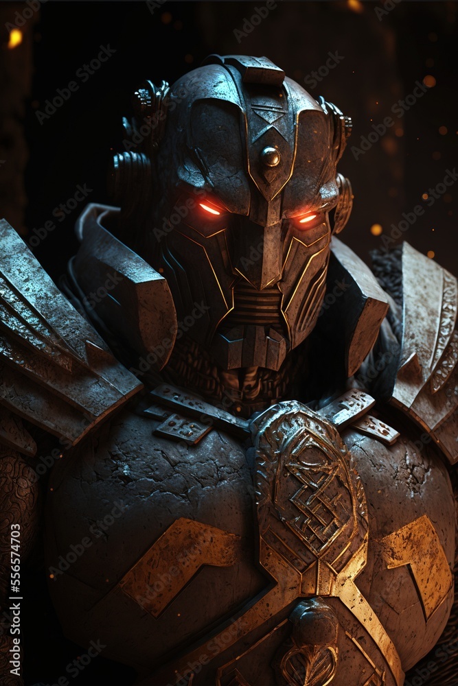 Golem statue in decorated rock armor portrait, mythical or fantasy ...