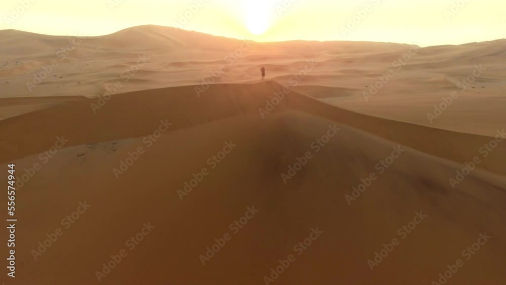 Drone, desert and man walking, sand hills and landscape dunes, freedom ...