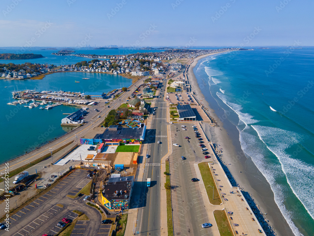 Nantasket Beach, Weir River and Hingham Bay aeral view with fall ...