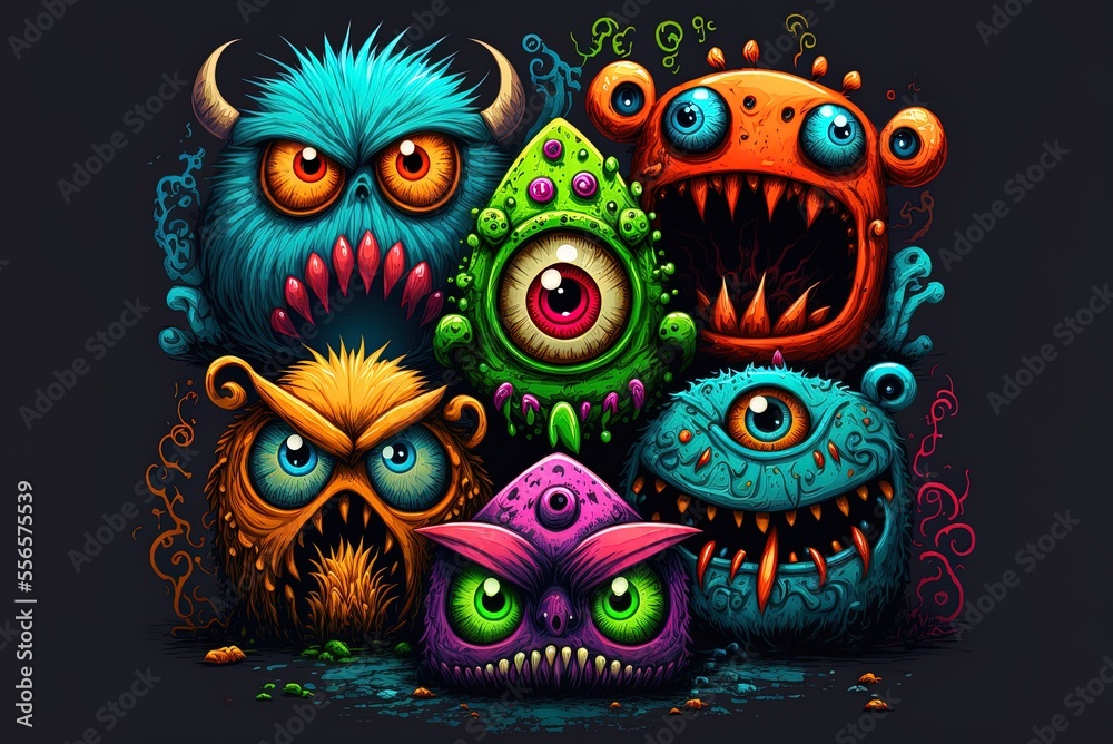 Brutal beast. image of cartoon monsters in various colors; drawing of ...
