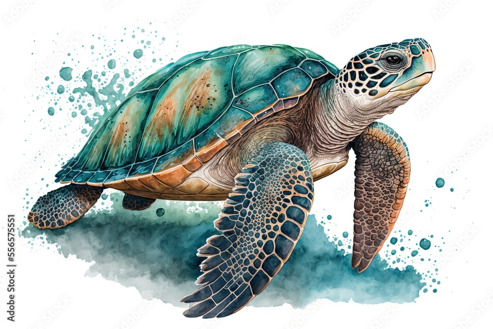 Cartoon animal graphic artwork with a hand drawn sea turtle, isolated ...