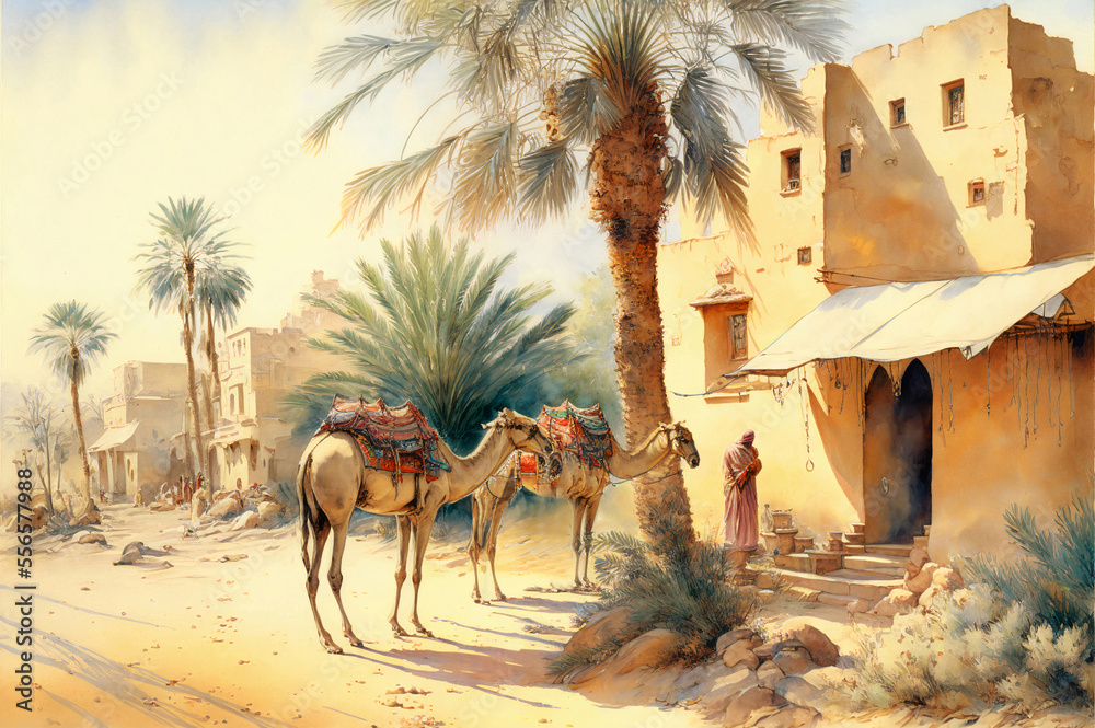 Watercolor painting, a landscape of the Arabian Peninsula in the past ...