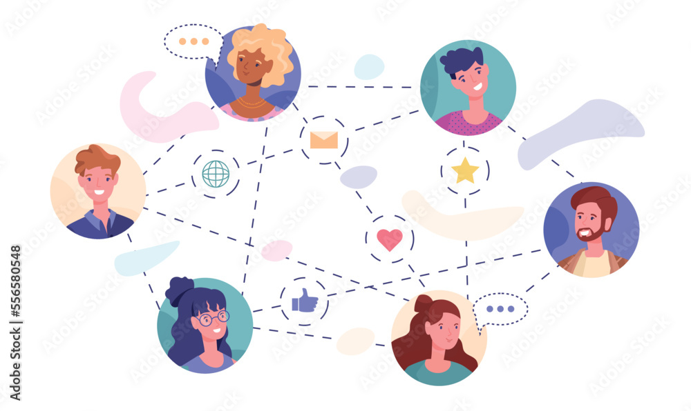 Global network concept. Men and women communicate in social media ...