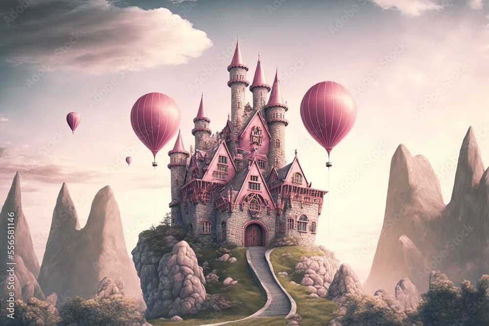 A pink princess or fairy palace in the mountains, with a rocky path ...