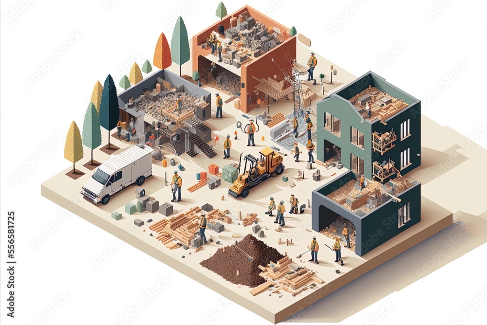 A horizontal composition of builders in an isometric perspective ...