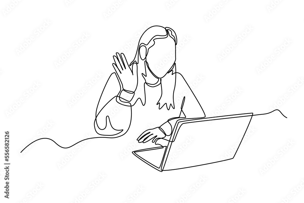 Continuous one line drawing business woman say hello by online in front ...