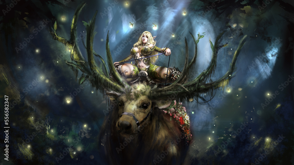 An attractive elf in leafy clothes rides in the forest at night, on a ...